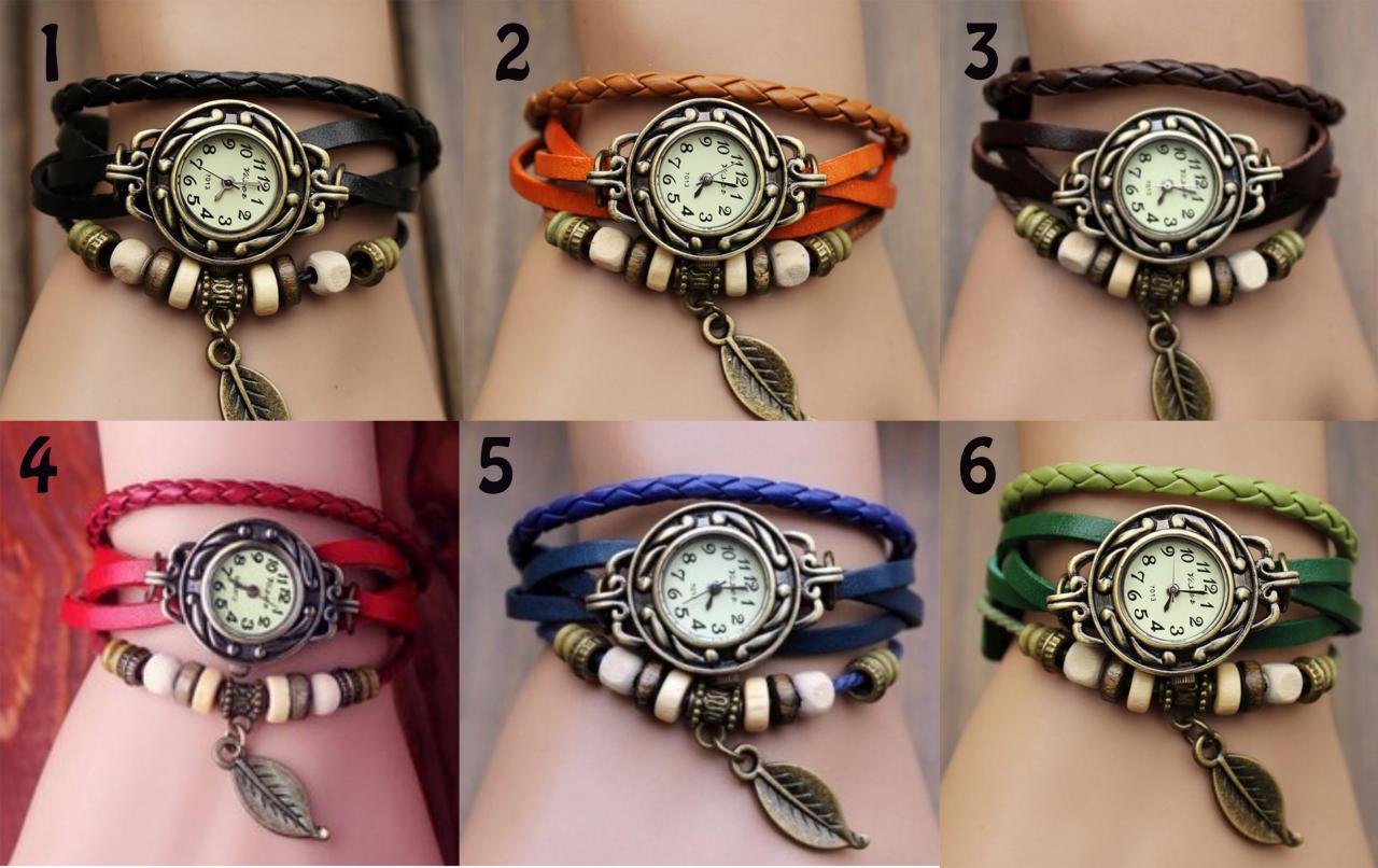 Green Vintage Style Leather Belt Watch With Leaf Pendant -watch Leather ...
