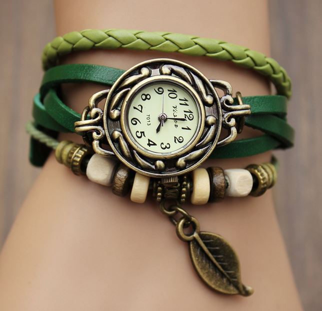 Green Vintage Style Leather Belt Watch With Leaf Pendant -watch Leather ...